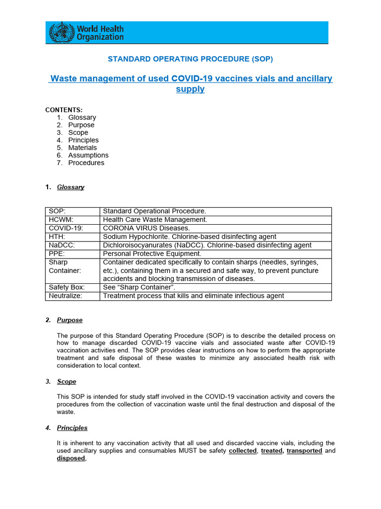 COVID-19 Vaccine Waste Management SOP | PDF | Sterilization ...