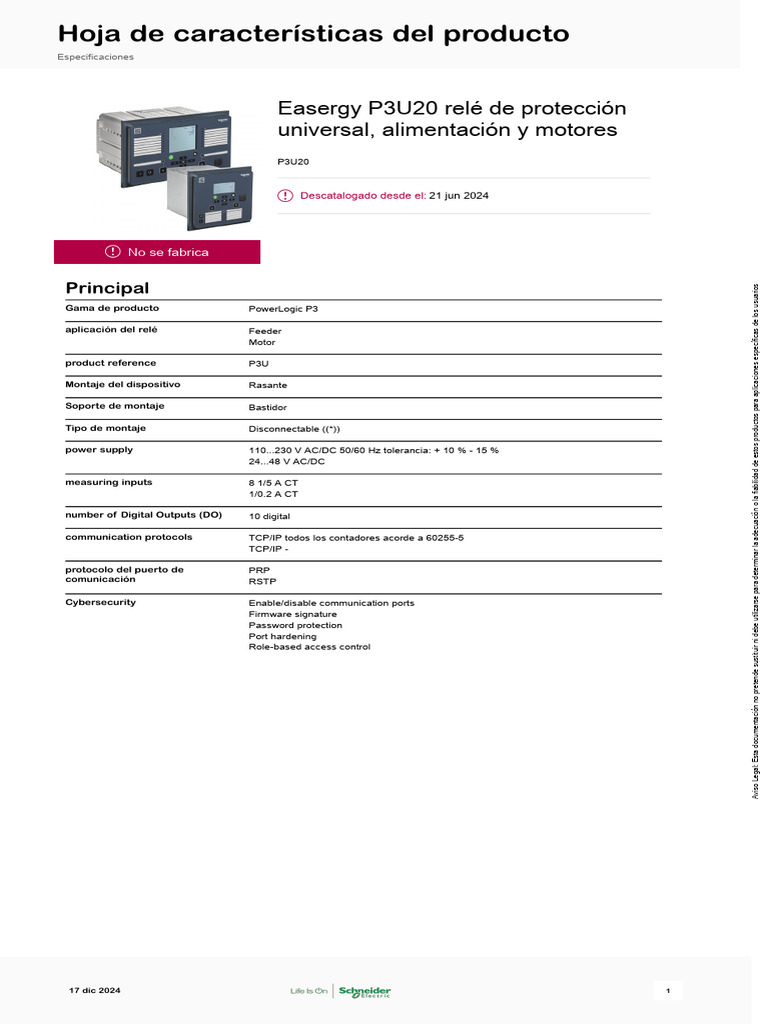 Relé de Protección Easergy P3U20 | PDF | Residuos | Relé