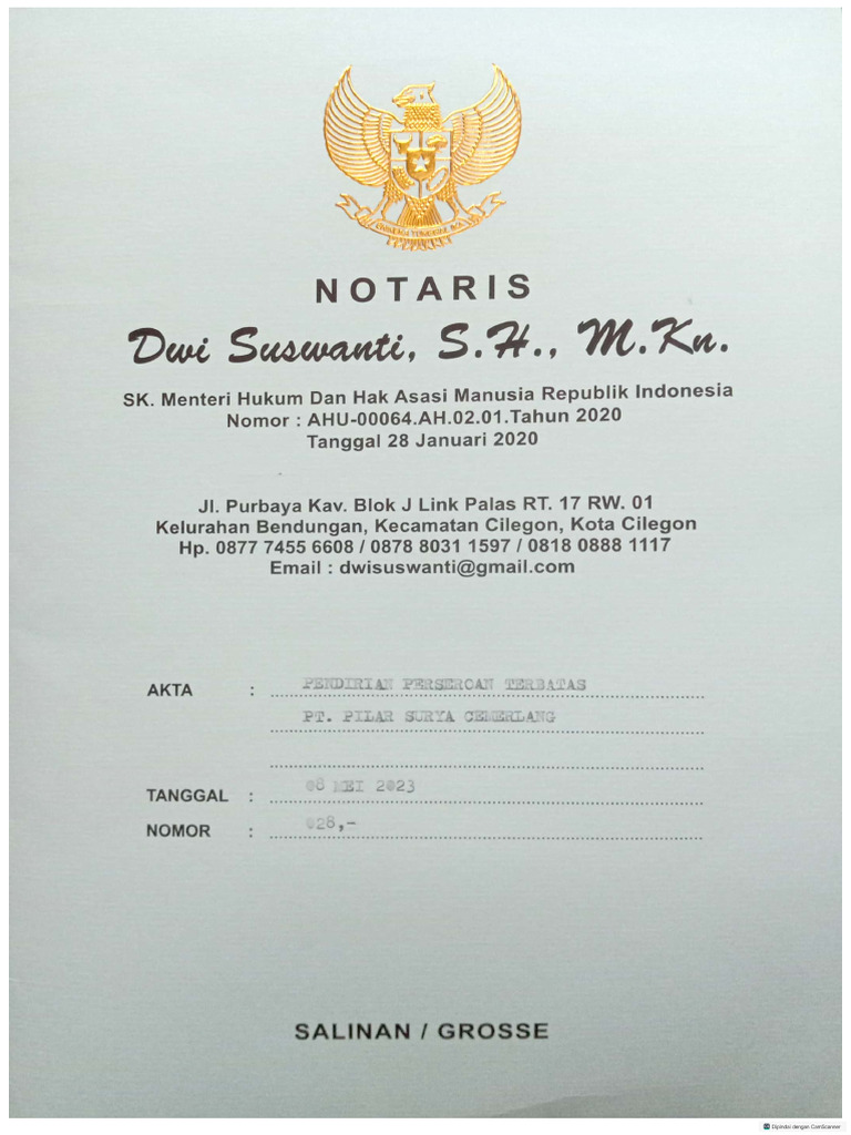 Akte Pendirian PT.pilar Surya Cemerlang | PDF