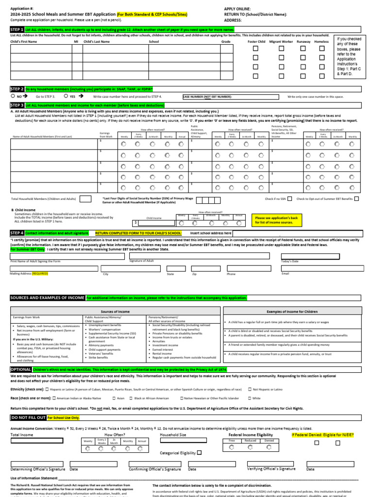 School Meals & Summer EBT Application - English - Final | PDF | Race ...