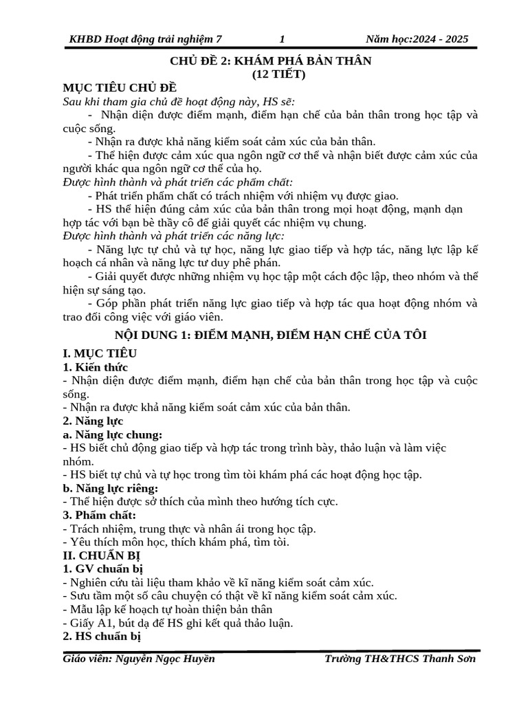 KHBD HĐTN 7 2024-2025 CHỦ ĐỀ 2 | PDF