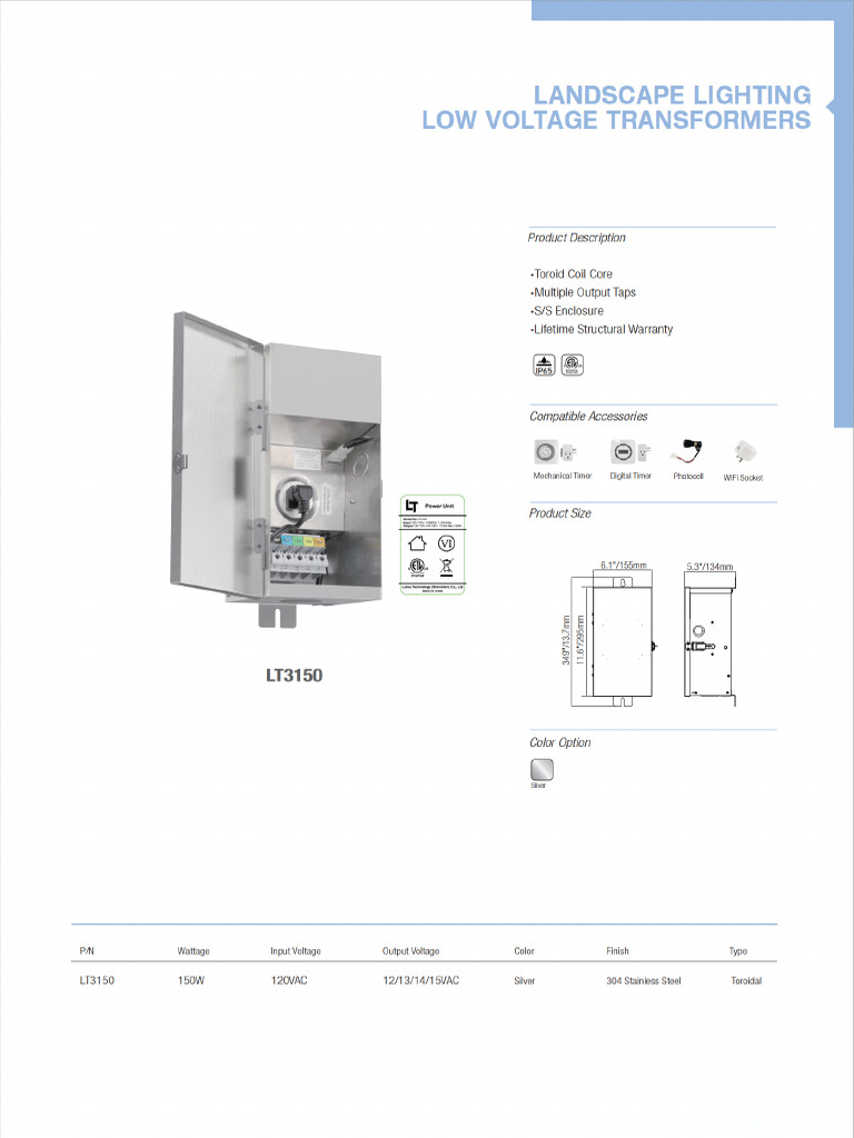 Lt3150 150w Low Voltage Toroidal Transformer For Landscape Lighting Pdf