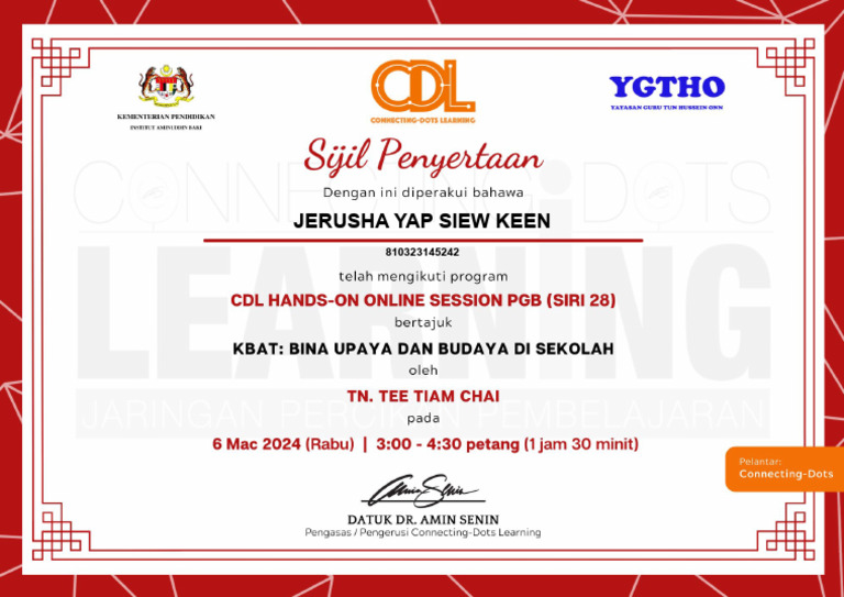 E-sijil Penyertaan Cdl Hands-On Pgb (Siri 28) - Jerusha Yap Siew Keen -1 | PDF