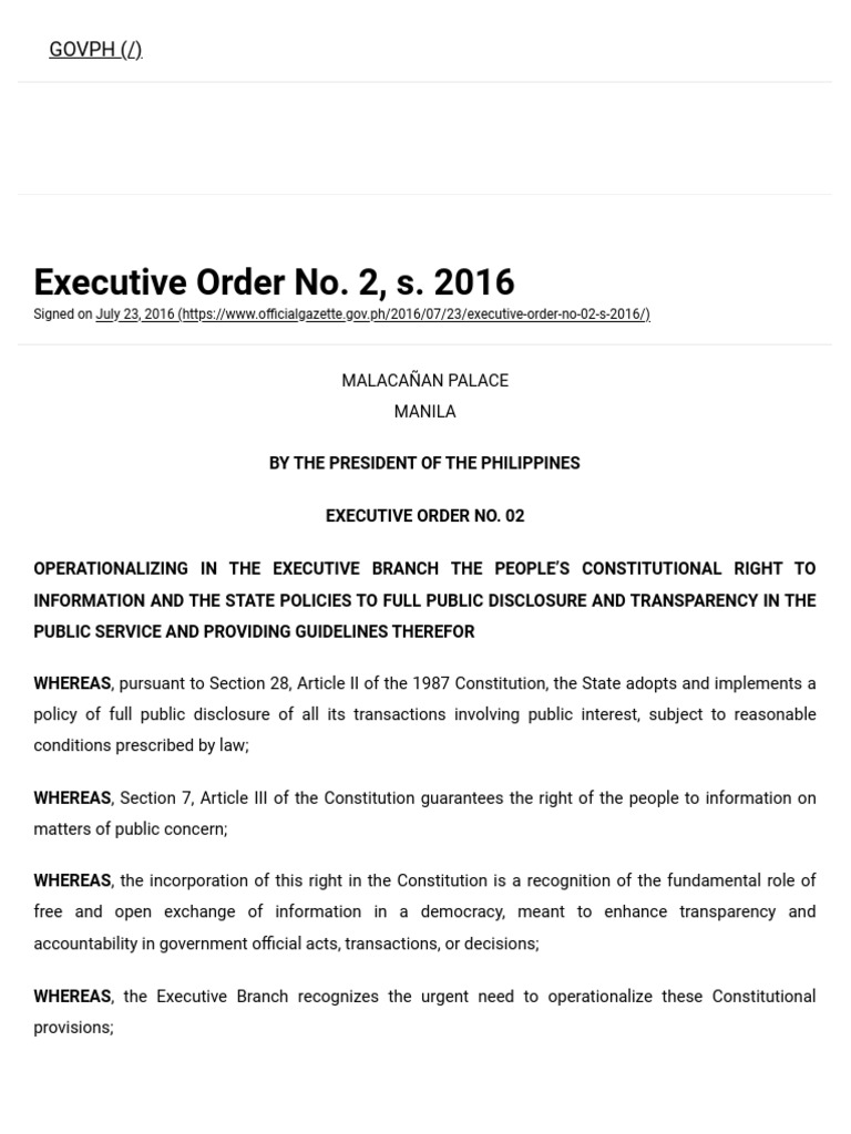 Executive Order No. 2, s. 2016: FOI Guidelines | PDF | World Politics ...