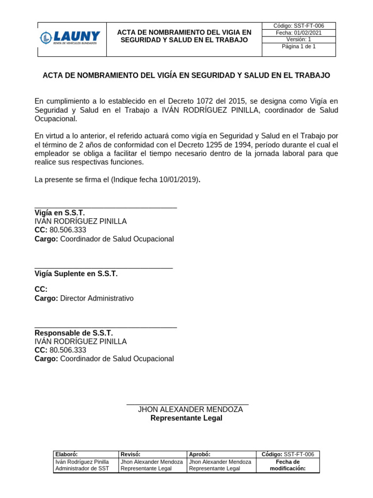 SST-FT-006 Formato Acta de nombramiento del vigia en seguridad y salud | PDF