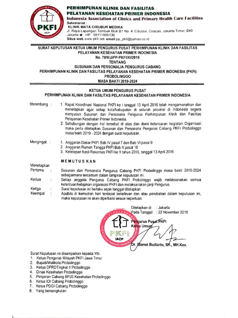 SK Pkfi No 70 Pengurus Cabang Pkfi Probolinggo 2019 S.D 2024 | PDF