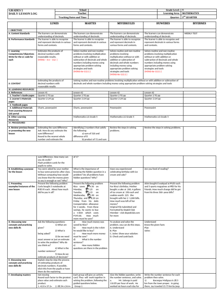 DLL - Mathematics 5 - Q2 - W5 | PDF | Learning | Teachers