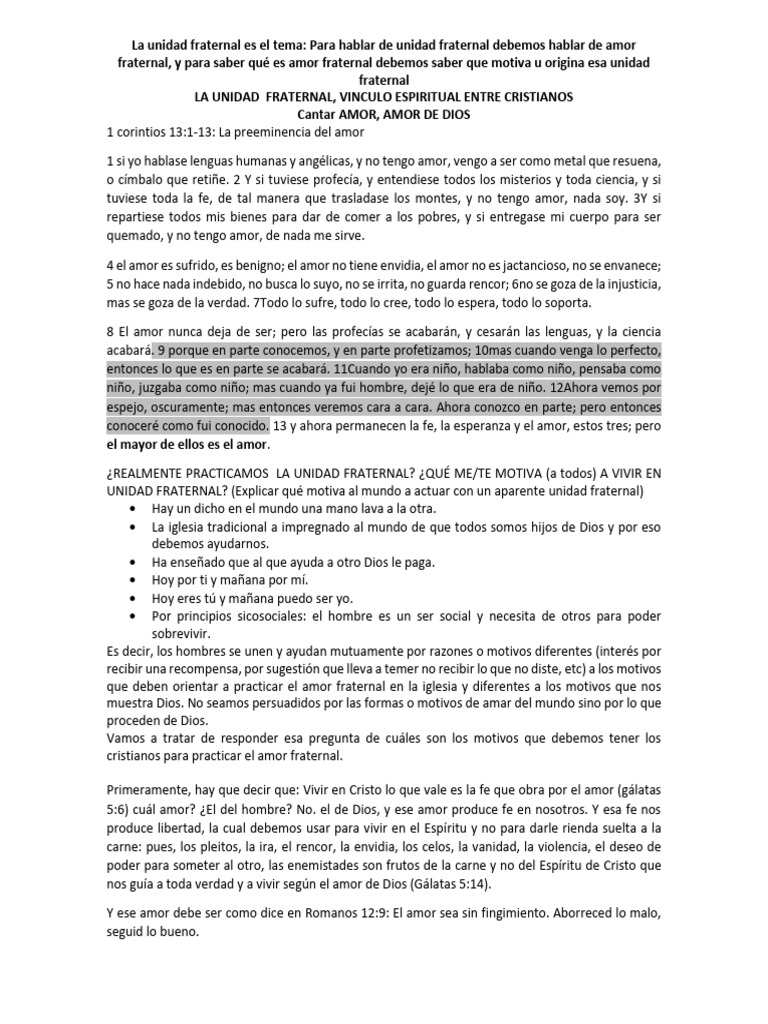 El Amor Fraternal, Vinculo Espiritual Entre Cristianos | PDF | Amor ...