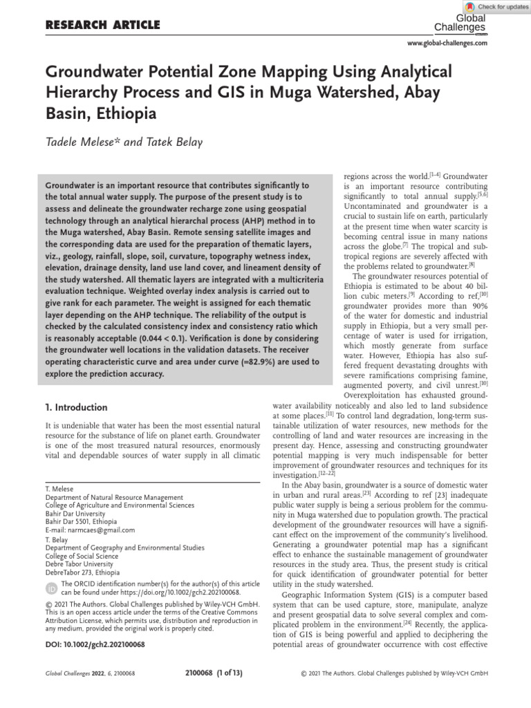 Global Challenges - 2021 - Melese - Groundwater Potential Zone Mapping ... Global Challenges - 2021 - Melese - Groundwater Potential Zone Mapping ...