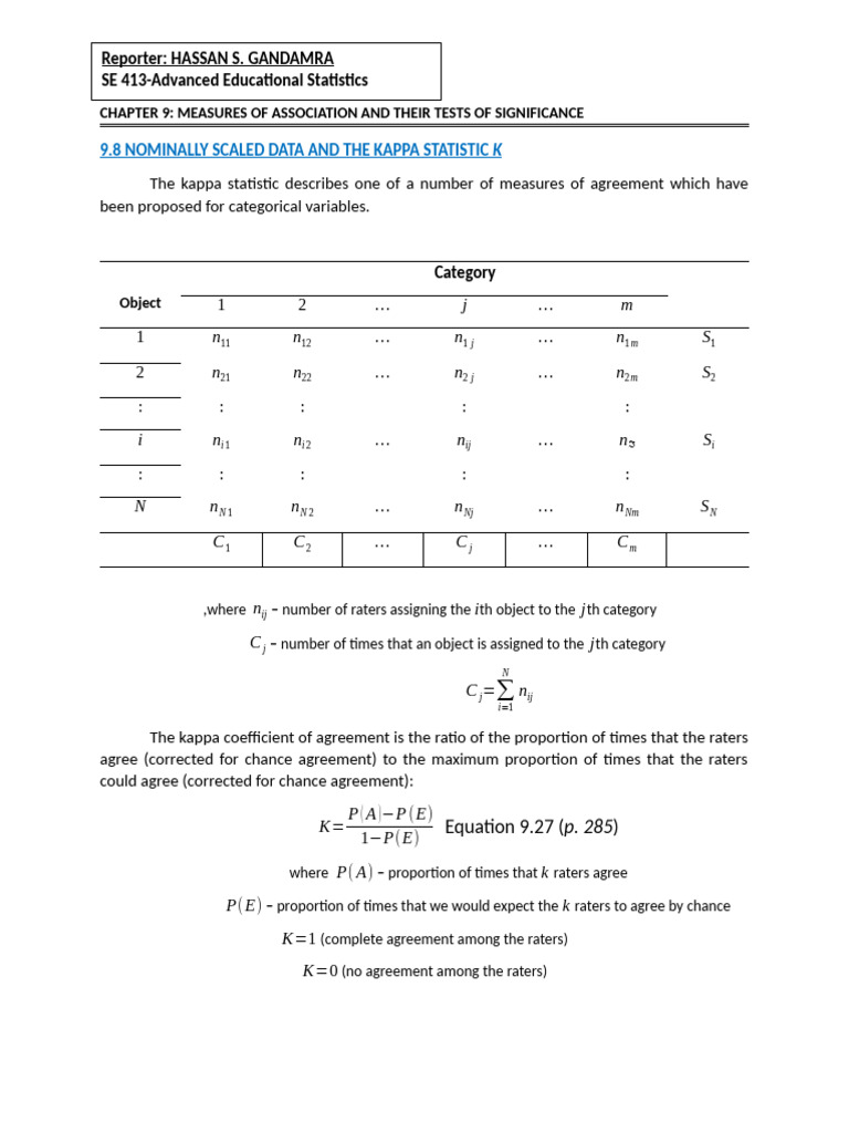 NOMINALLY SCALED DATA and KAPPA STATISTIC K | PDF | Statistical ...