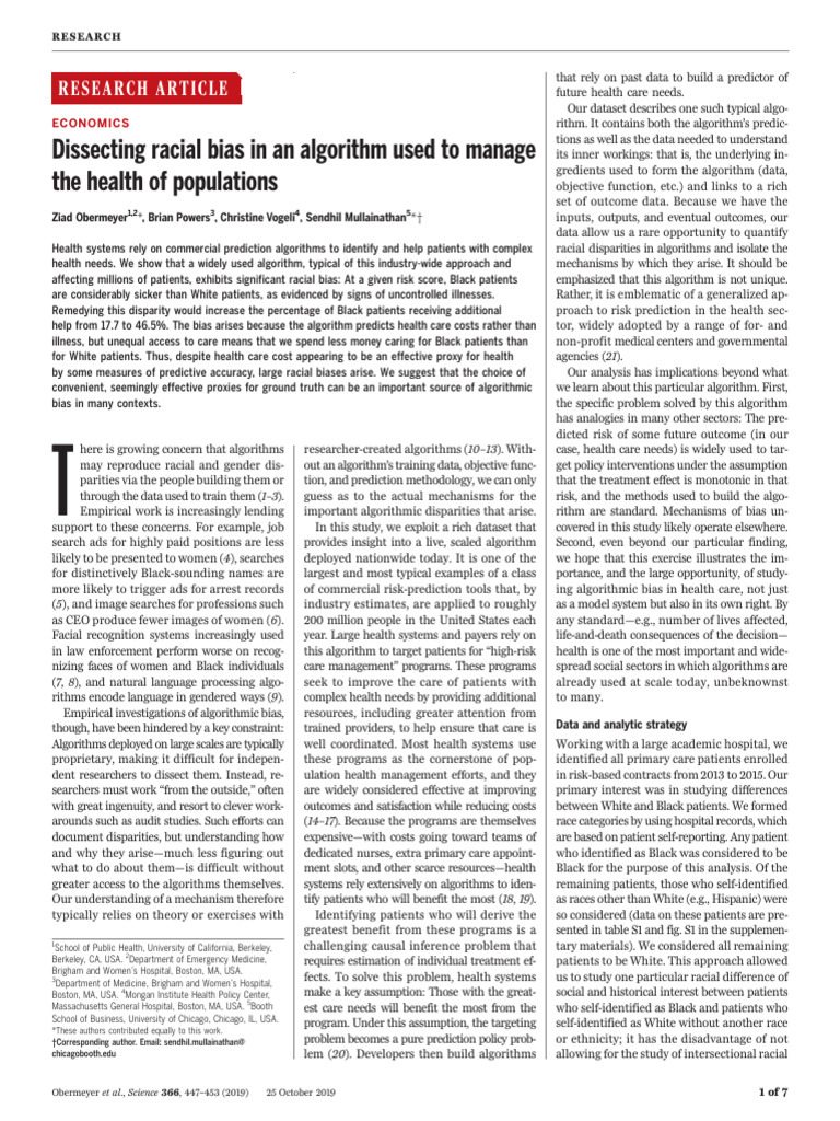 Dissecting Racial Bias in An Algorithm Used To Manage The Health of Populations | PDF ...