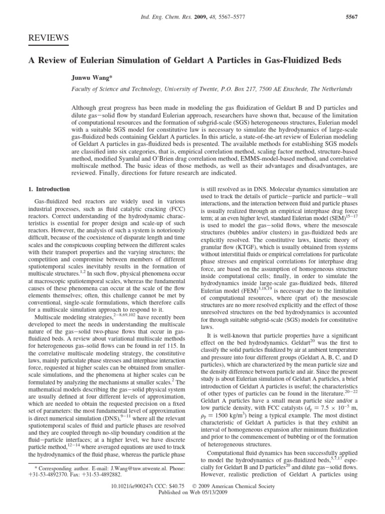 Wang 2009 a Review of Eulerian Simulation of Geldart a Particles in Gas ...