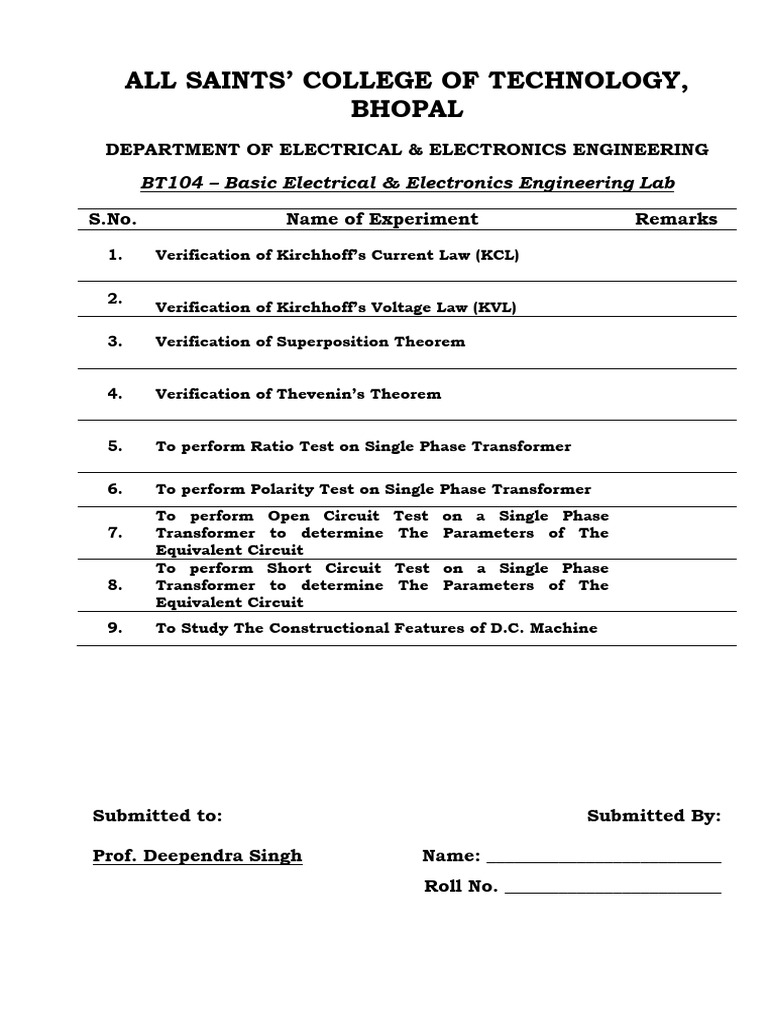 BEEE EXPERIMENTS ALL | PDF | Transformer | Voltage
