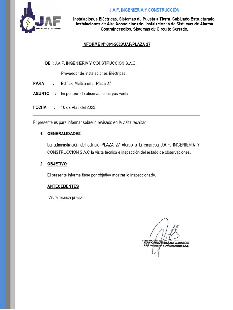 Informe de Inspección Plaza 27 | PDF | Ingenieria Eléctrica