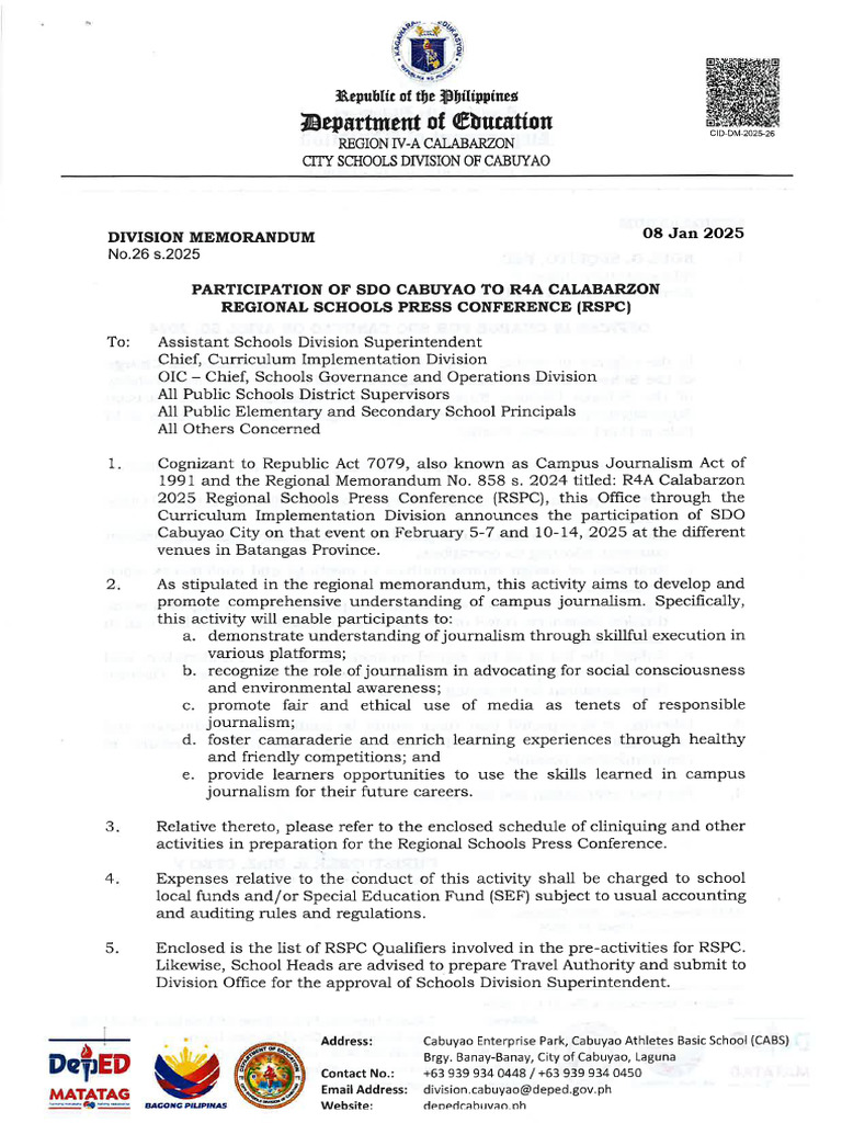 Division Memorandum No. 26 s.2025 Participation of SDO Cabuyao To R4A Calabarzon Regional ...