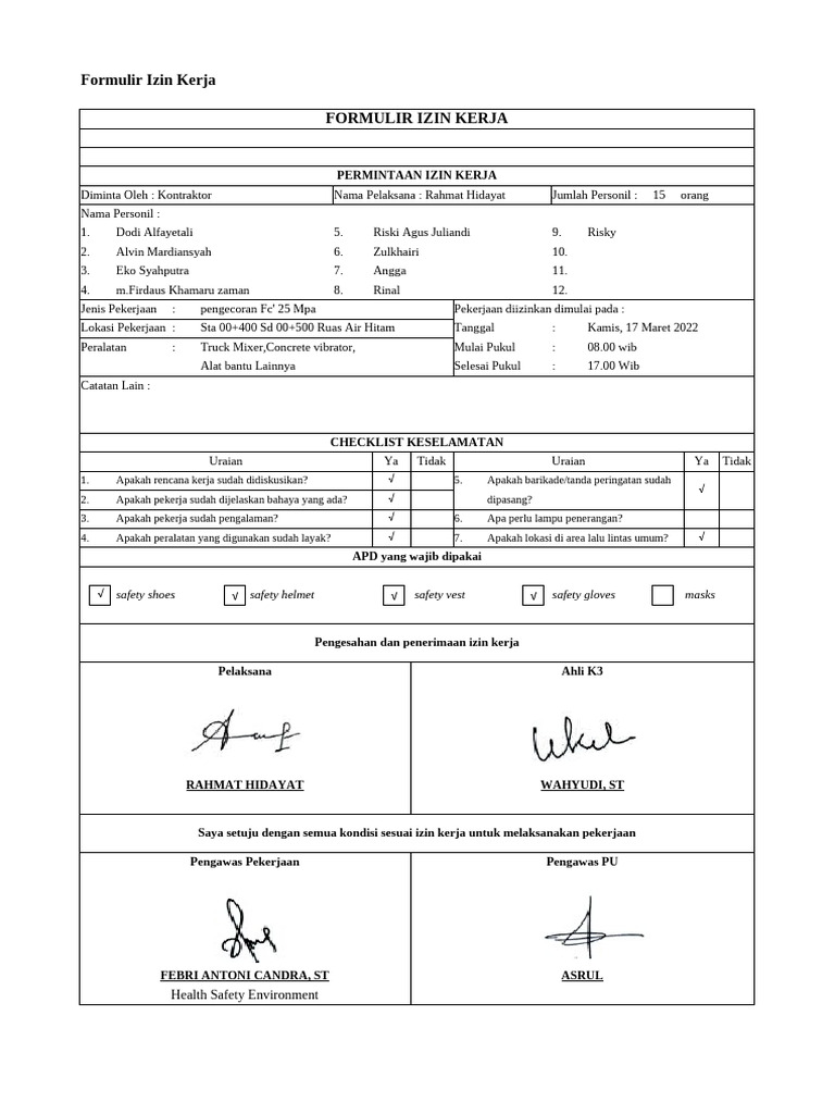 Formulir Izin Kerja Oke | PDF