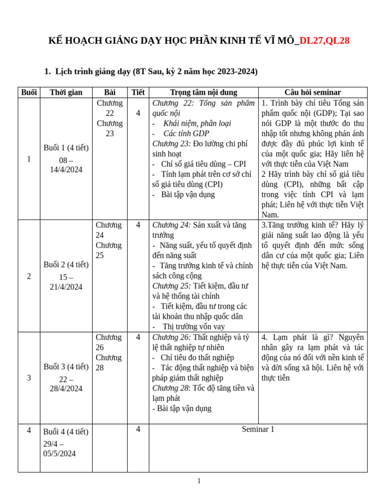 LỊCH TRÌNH-Se-TL_Kinh tế Vĩ mô 2tc_DL27,QL28 | PDF
