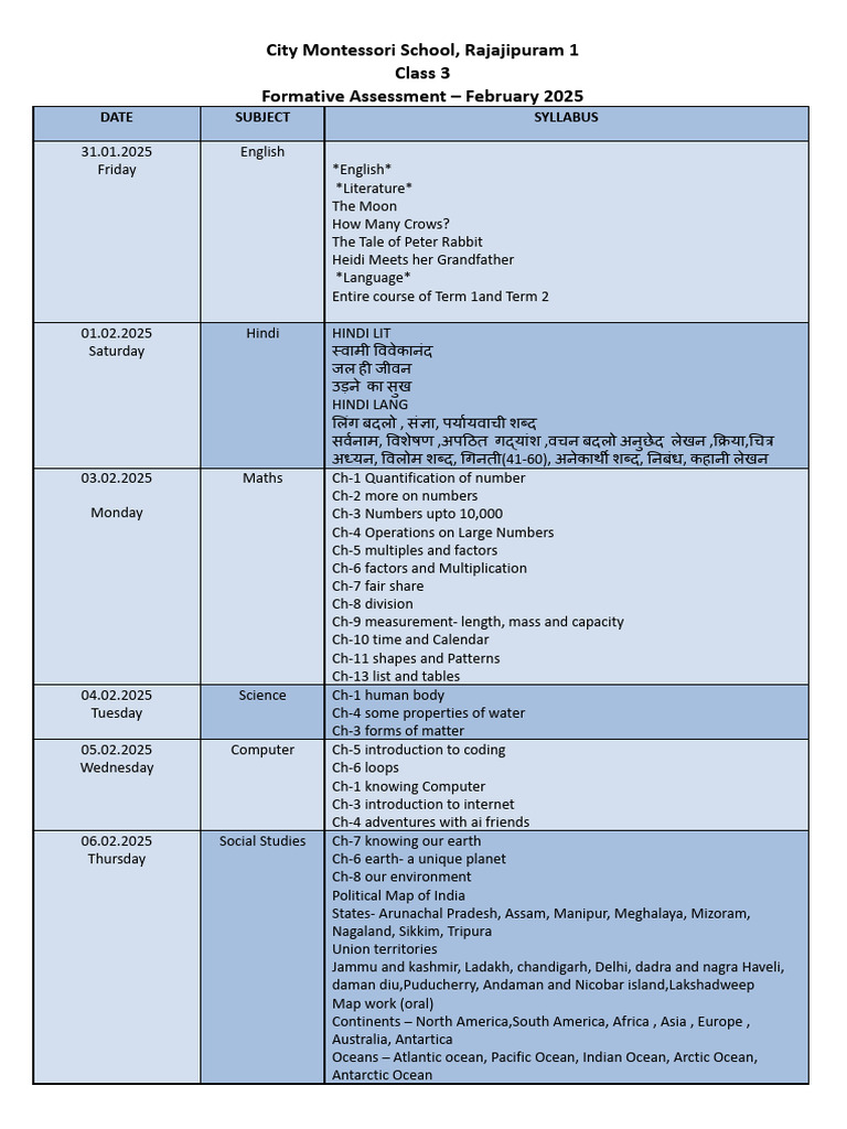 Class 3 Formative Assessment 2025 | PDF