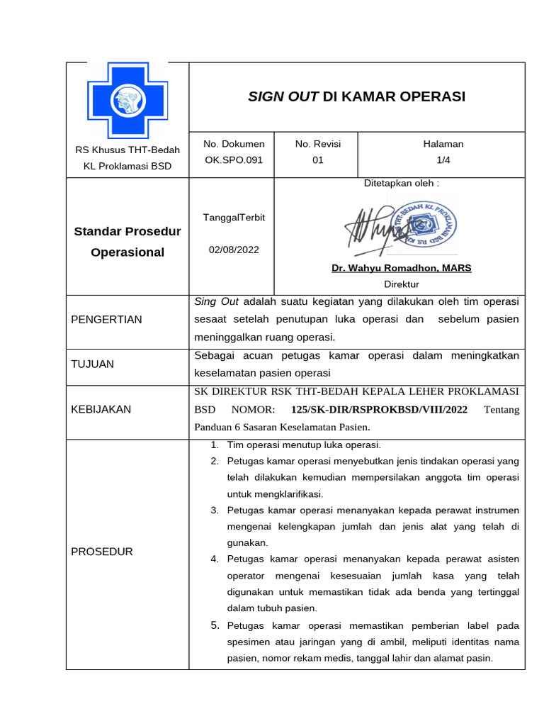 Spo Sign Out Kamar Operasi | PDF