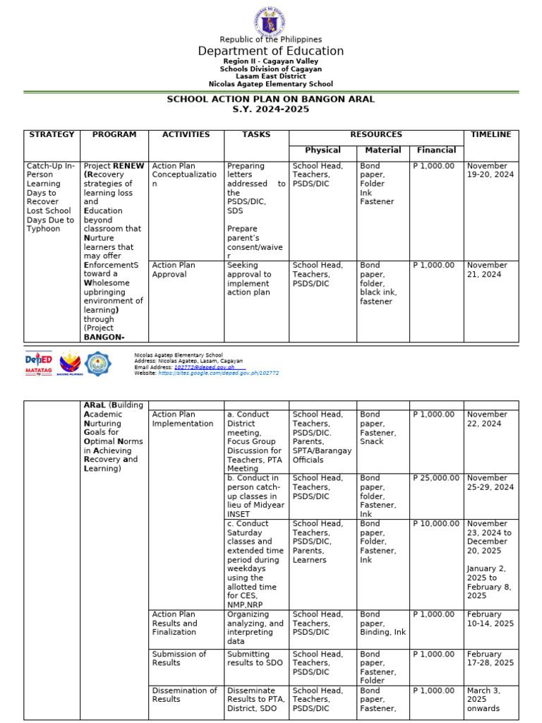 Bangon Aral Action Plan - NAES | PDF | Behavior Modification | Learning