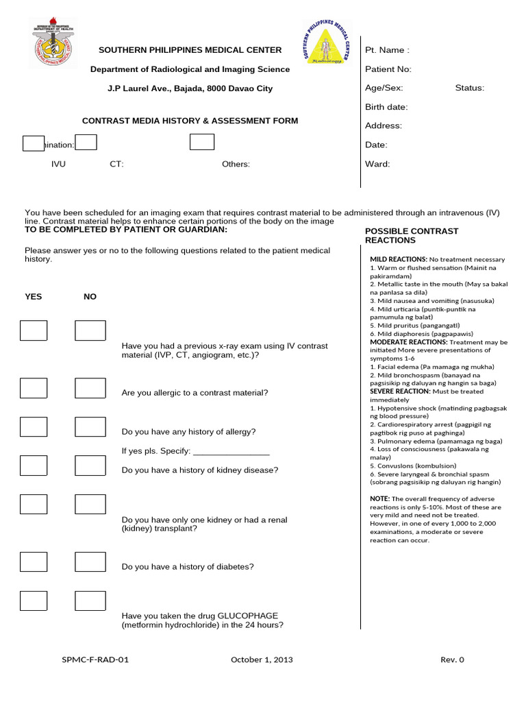 Contrast Media Assessment Form | PDF | Ct Scan | Clinical Medicine