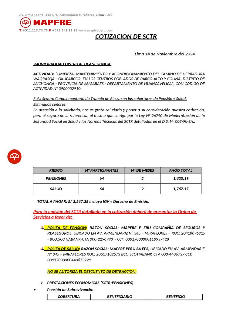 Cotizacion SCTR - Muni Distrital de Anchonga 14.11.2024 - 64 | PDF | Póliza de seguros | Seguro