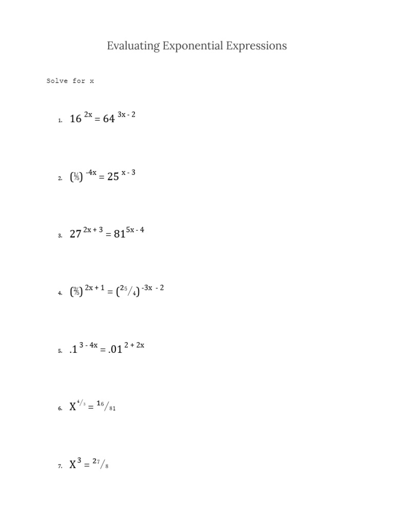 Evaluating Exponential Expressions Worksheet | PDF