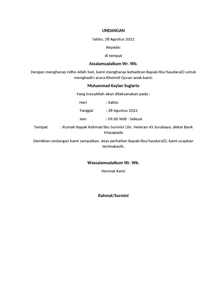 Undangan Khotmil Quran Muhammad Kaylan | PDF