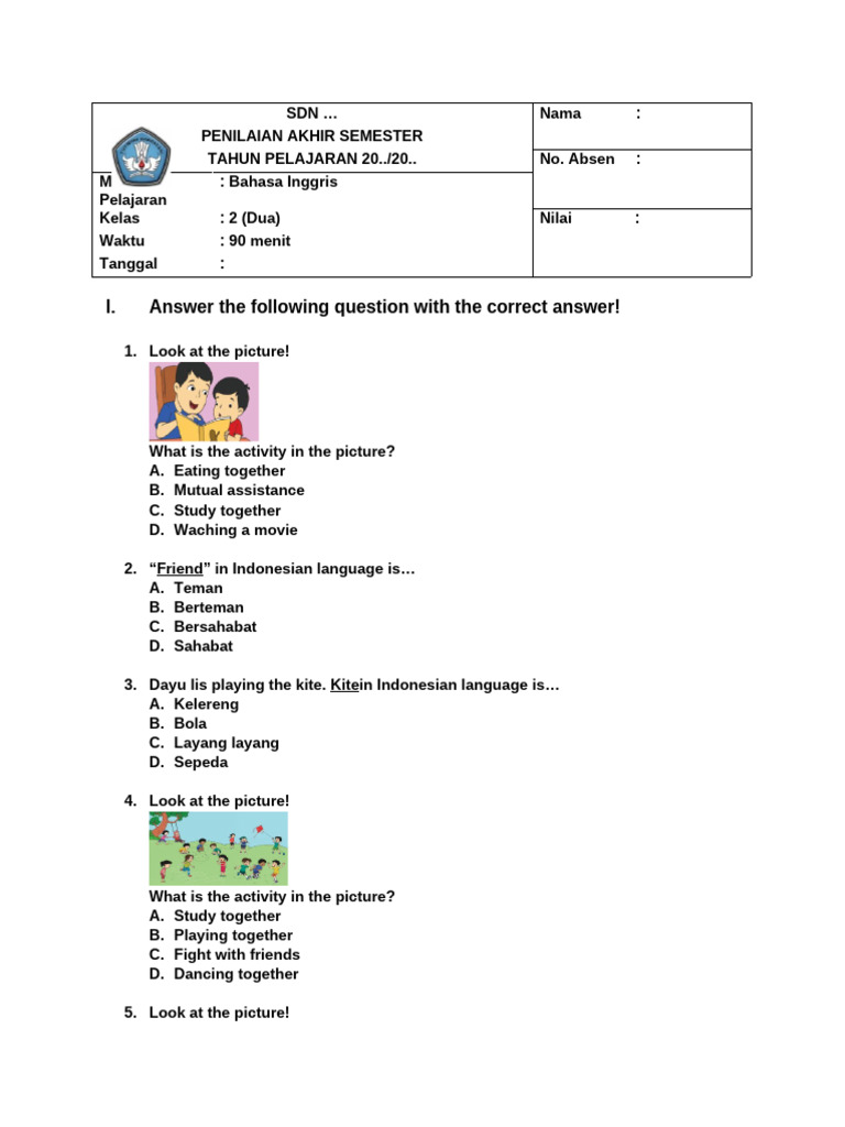 Soal PAS B.ing Kelas 2 | PDF