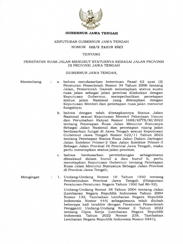 SK 622 - 2 - 2023 Status Jalan Provinsi Jawa Tengah 2023 | PDF