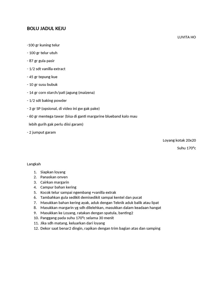 Resep Bolu Jadul Keju Luvita Ho | PDF