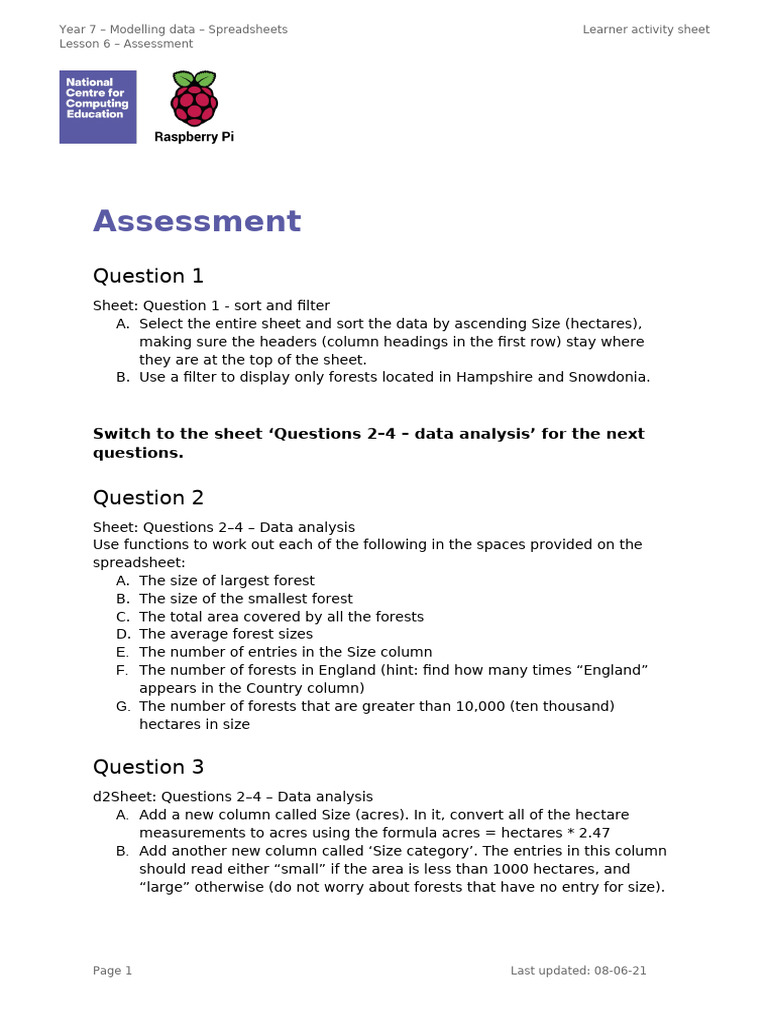 Assessment - UK Forestry Data - Questions | PDF | Spreadsheet