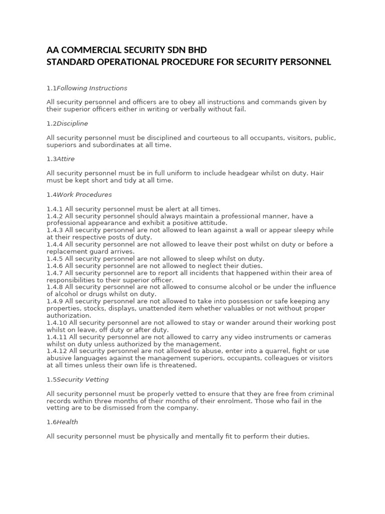 Standard Operational Procedure For Security Personnel | PDF | Elevator ...