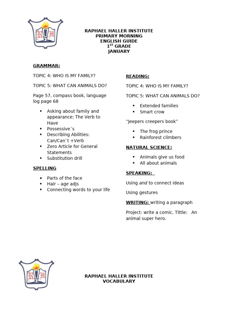 English Guide 1ST Grade Morning January 2023 2024 | PDF