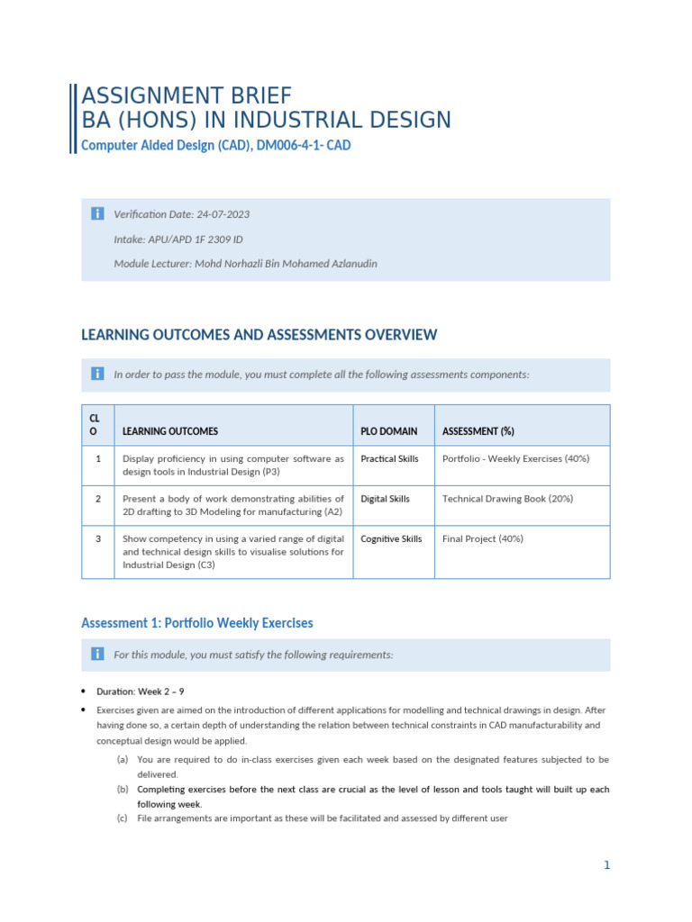 01A-Assignment Brief CAD (APD APU1F2307ID) | PDF | Accuracy And Precision | Technical Drawing