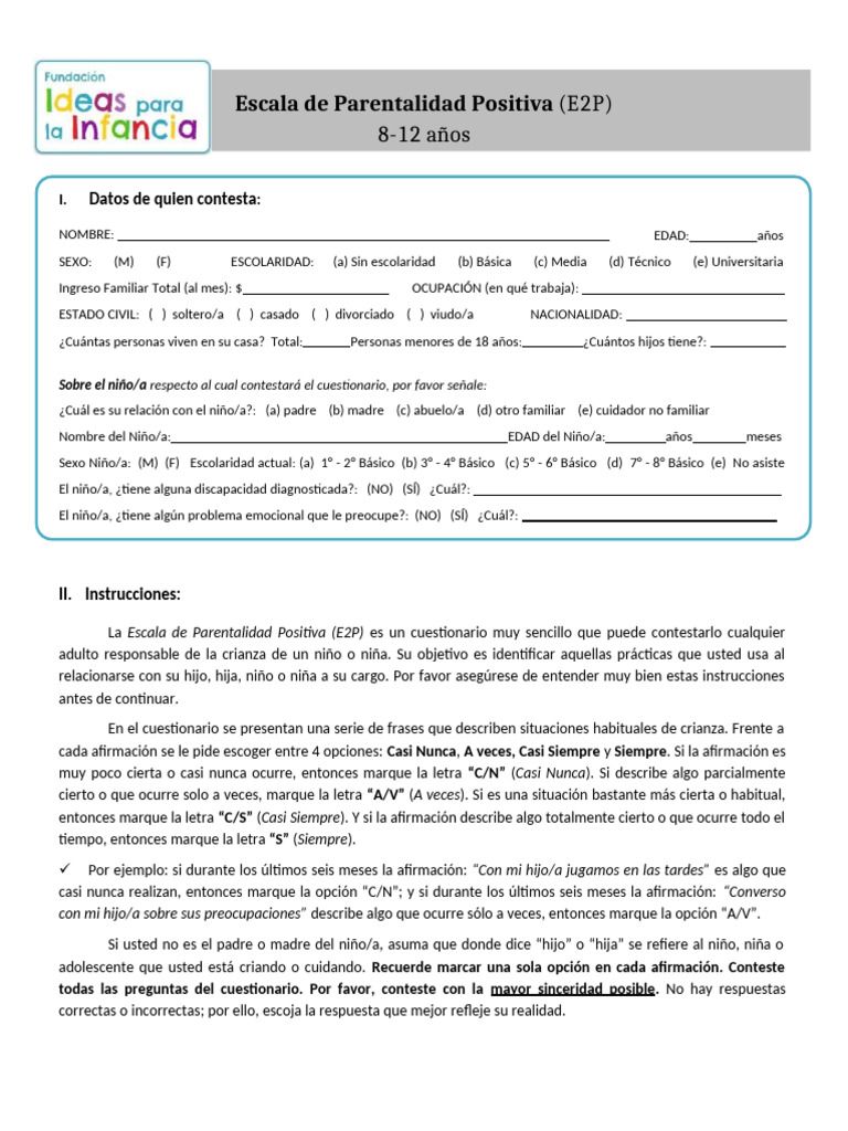 Escala de Parentalidad E2p 8-12 Años | PDF | Cuestionario