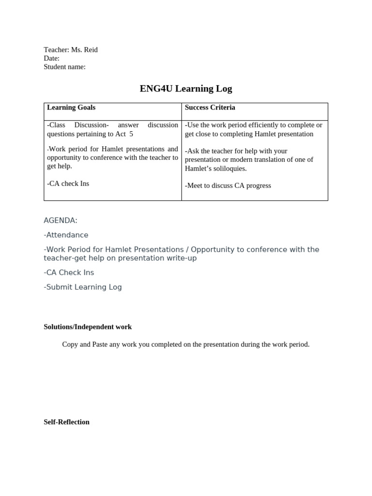 ENG4U Learning Log: Learning Goals Success Criteria | PDF