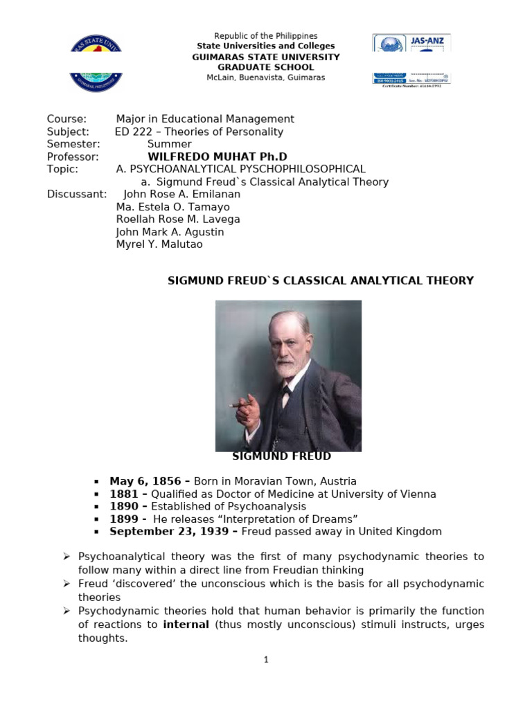 A. Sigmund Freud's Classical Analytical Theory (Emilanan, Tamayo ...