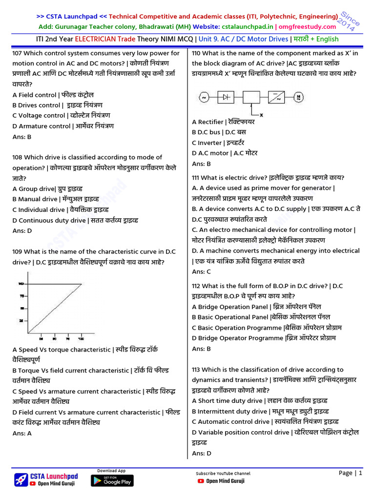 9 AC DC Motor Drives ITI 2nd Year Electrician Theory MCQ Marathi | PDF