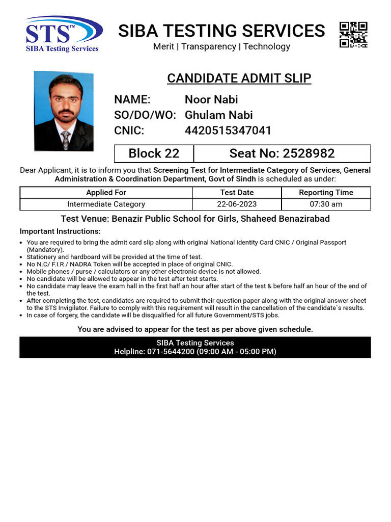 Siba Testing Services: Candidate Admit Slip | PDF