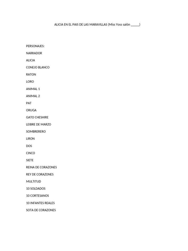 ALICIA EN EL PAIS DE LAS MARAVILLAS Spanish Script | PDF | Las aventuras de Alicia en el País de ...