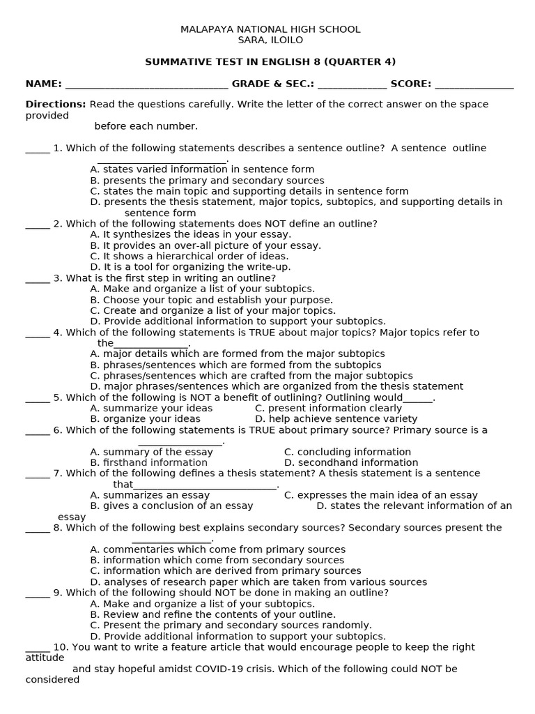 Summative Test English 8 4TH Quarter | PDF | Body Mass Index