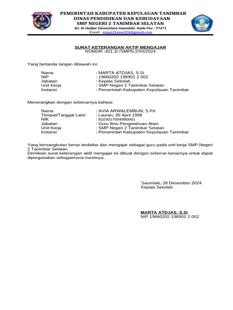 Surat Keterangan Aktif Mengajar Avia Arwalembun | PDF