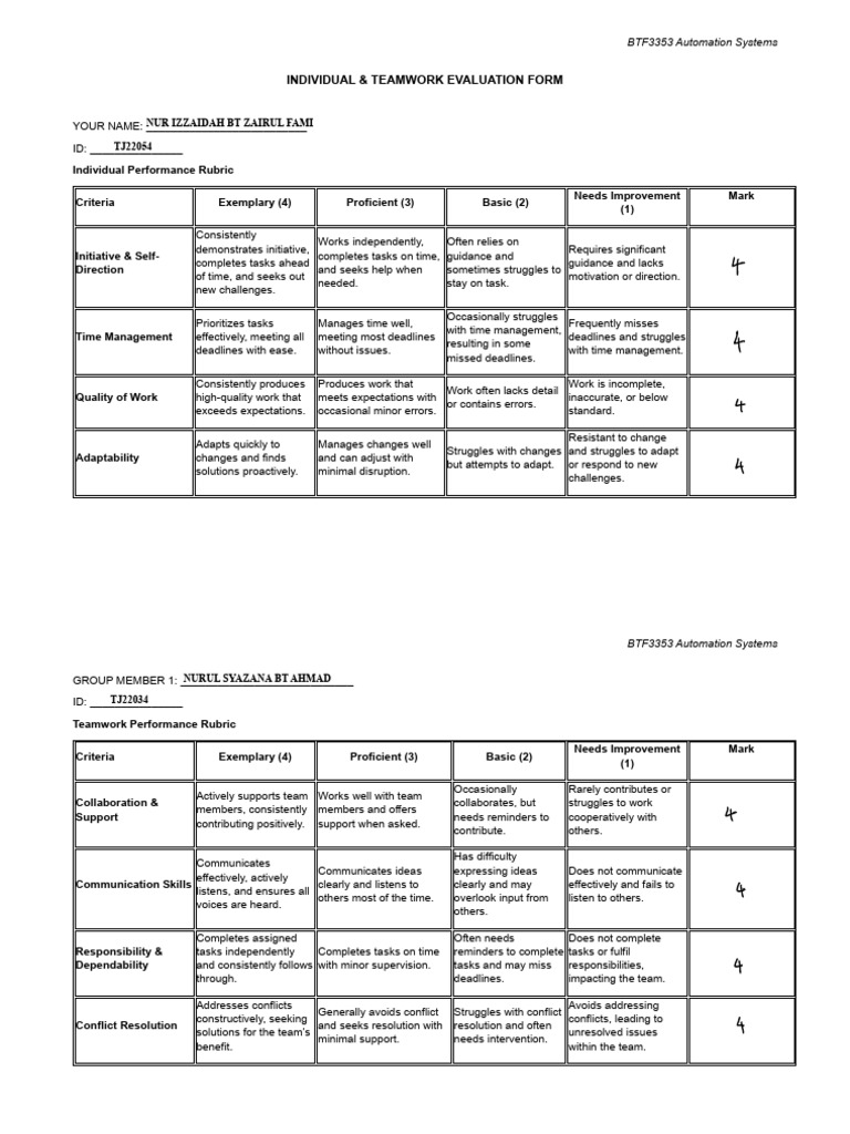 Individual & Teamwork Assessment Rubric | PDF | Social Psychology ...