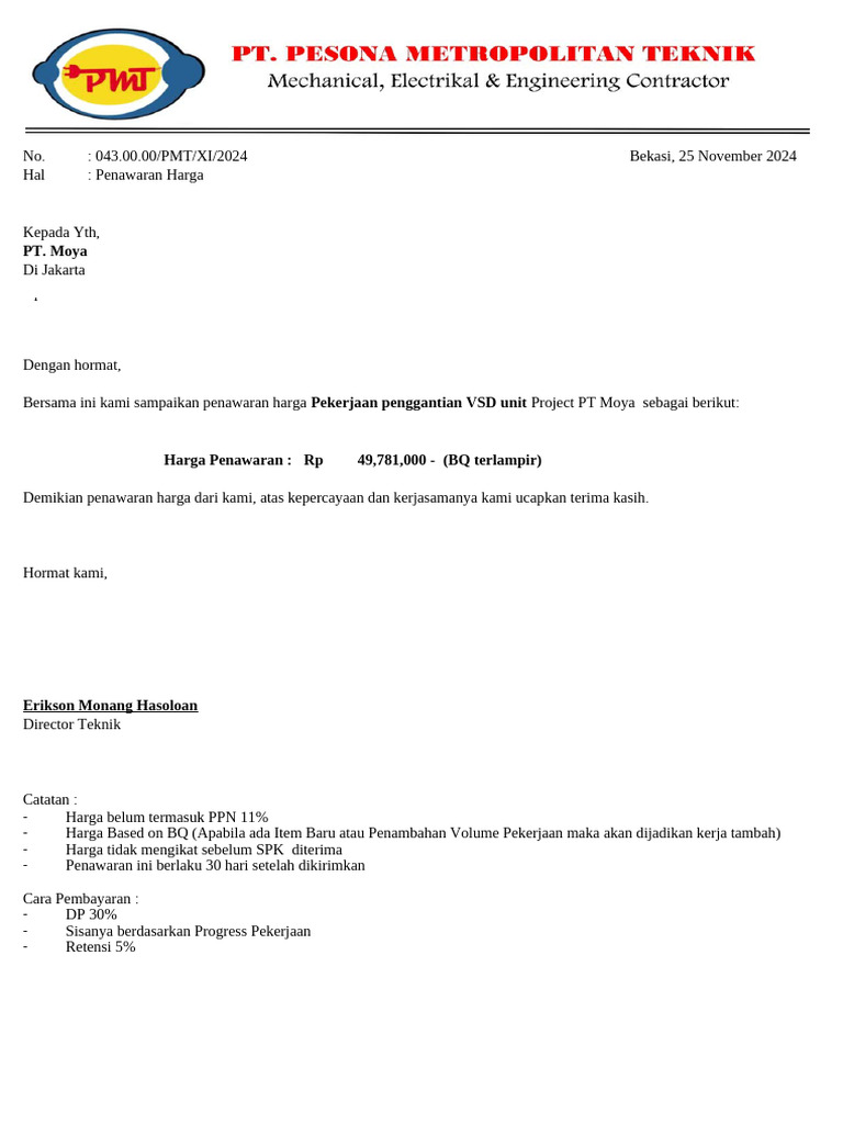 Penawaran Harga Penggantian VSD Unit | PDF