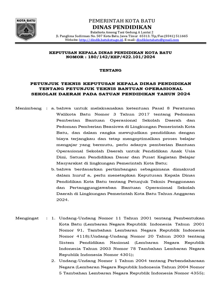 Juknis BOSDA 2024 untuk Pendidikan Kota Batu | PDF