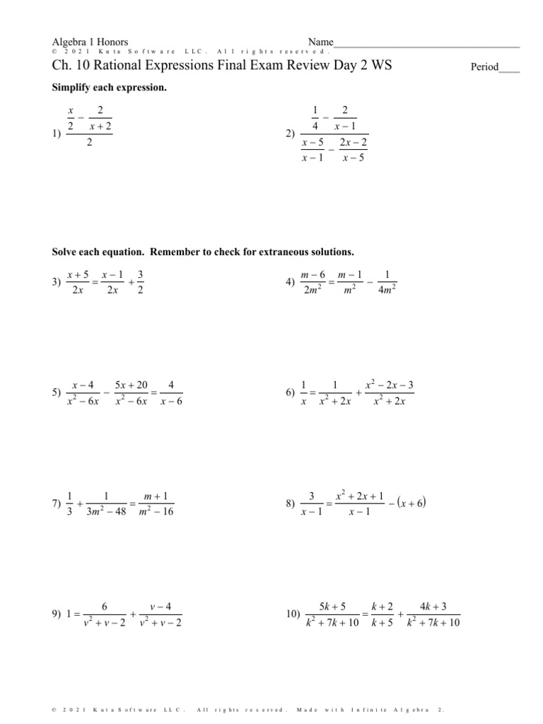 Ch. 10 Rational Expressions Final Exam Review Day 2 WS | PDF ...