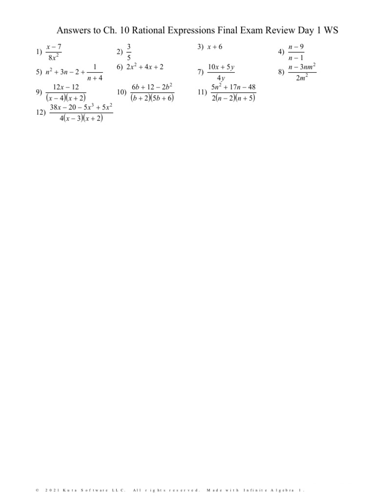 Ch. 10 Rational Expressions Final Exam Review Day 1 WS Answers | PDF