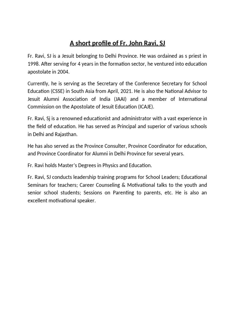 A Short Profile of Fr. John Ravi, SJ | PDF