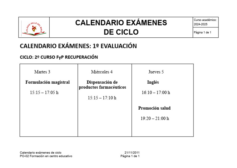 Calendario 1 - Evaluaci-N Recuperaci-N 2 - FyP | PDF